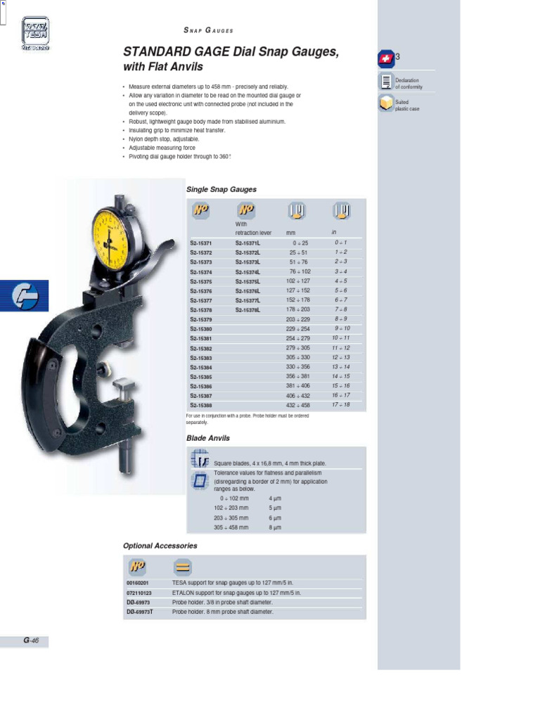 STANDARD GAGE Dial Snap Gauges,: With Flat Anvils | PDF