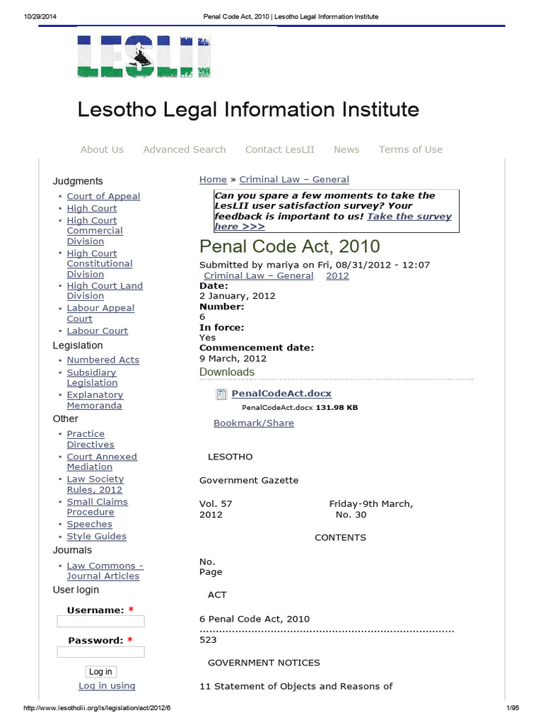 Lesotho Penal Code | PDF
