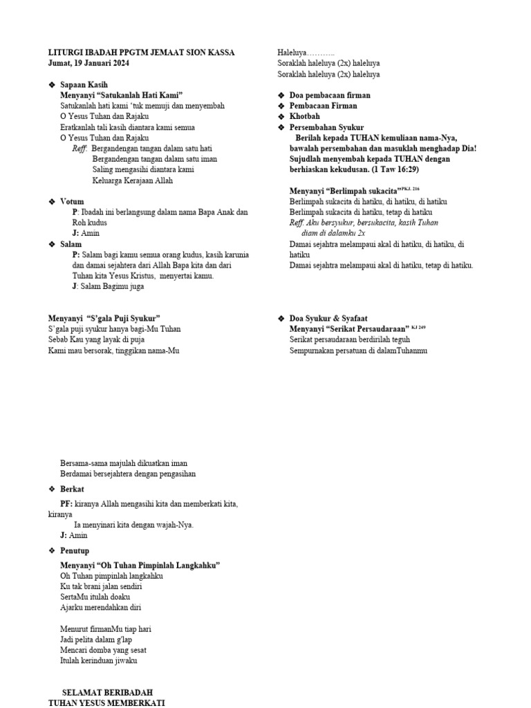 Liturgi Ibadah PPGTM JSK, 19 Januari 2024 | PDF