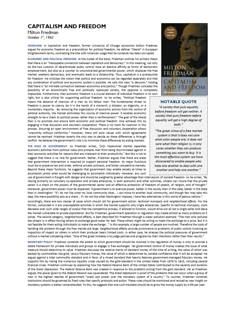 Friedman on Capitalism and Freedom | PDF | Politics | Social Science