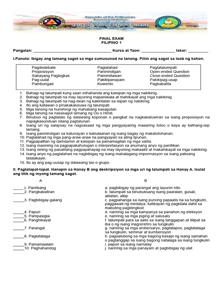 FINAL EXAM Fil 1 2023 | PDF