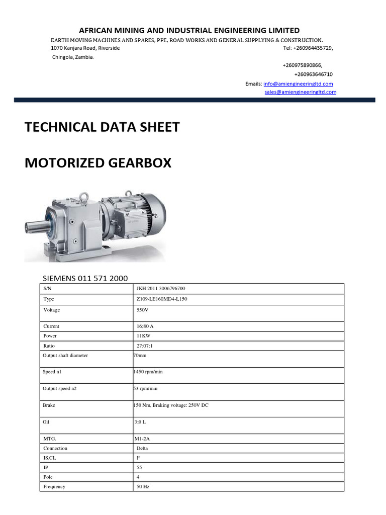 TECHNICAL DATA SHEET OF A MOTORIZED GEARBOX AMI ENG. LTD | PDF