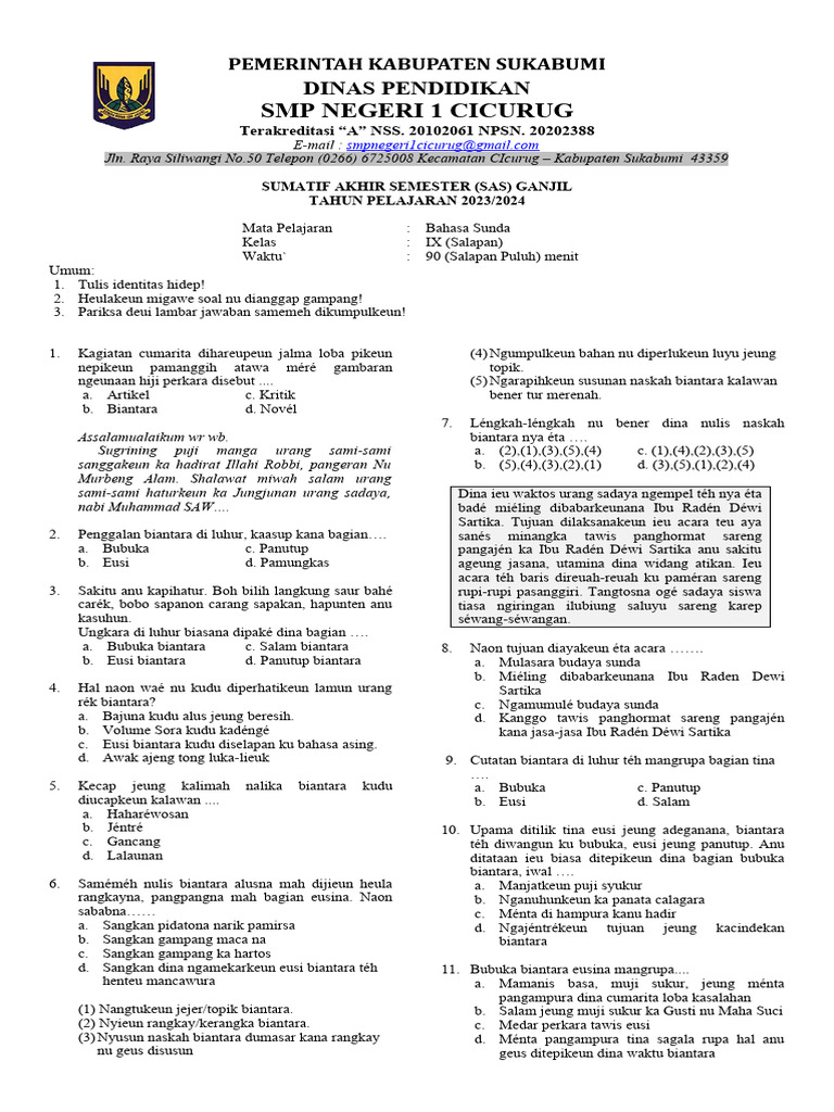 Sumatif Akhir Semester Ganjil Kls 9 | PDF