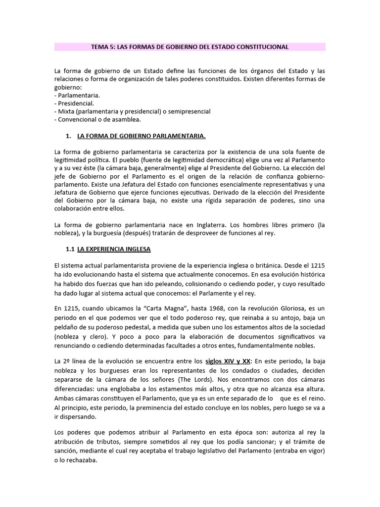 Tema 5 | PDF | Separación de poderes | Parlamento