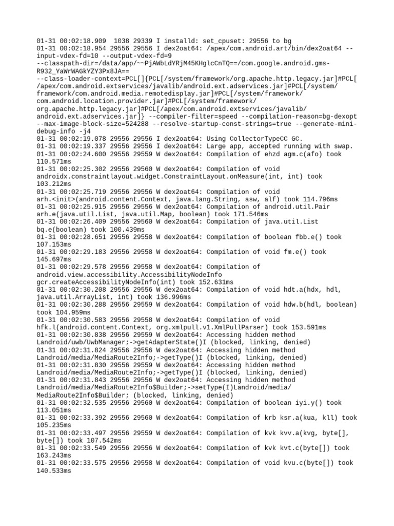 Android dex2oat64 Compilation Log | PDF | Java (Programming Language) | Computing