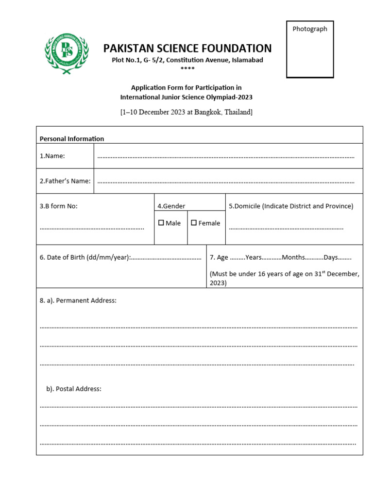 IJSO 2023 Application Form | PDF