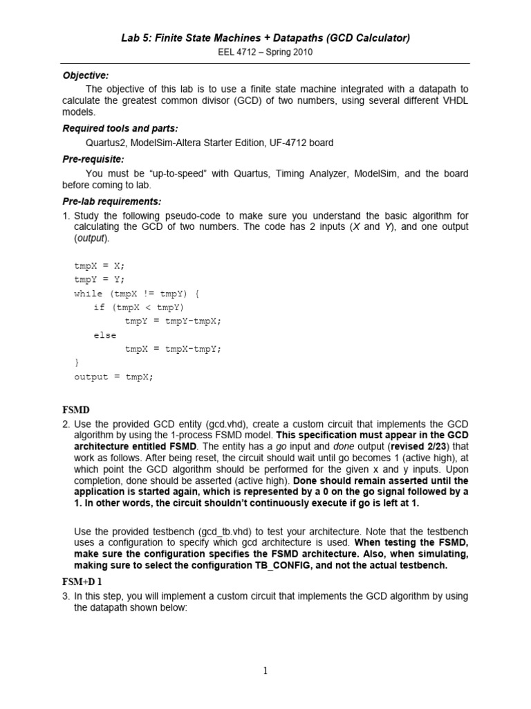 GCD Calculation with FSM and Datapath | PDF