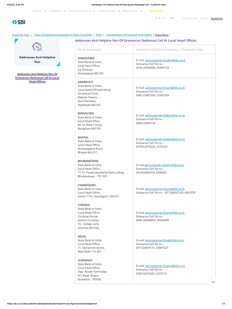 Addresses and Helpline Nos of Grievances Redressal Cell - SBI Bank ...