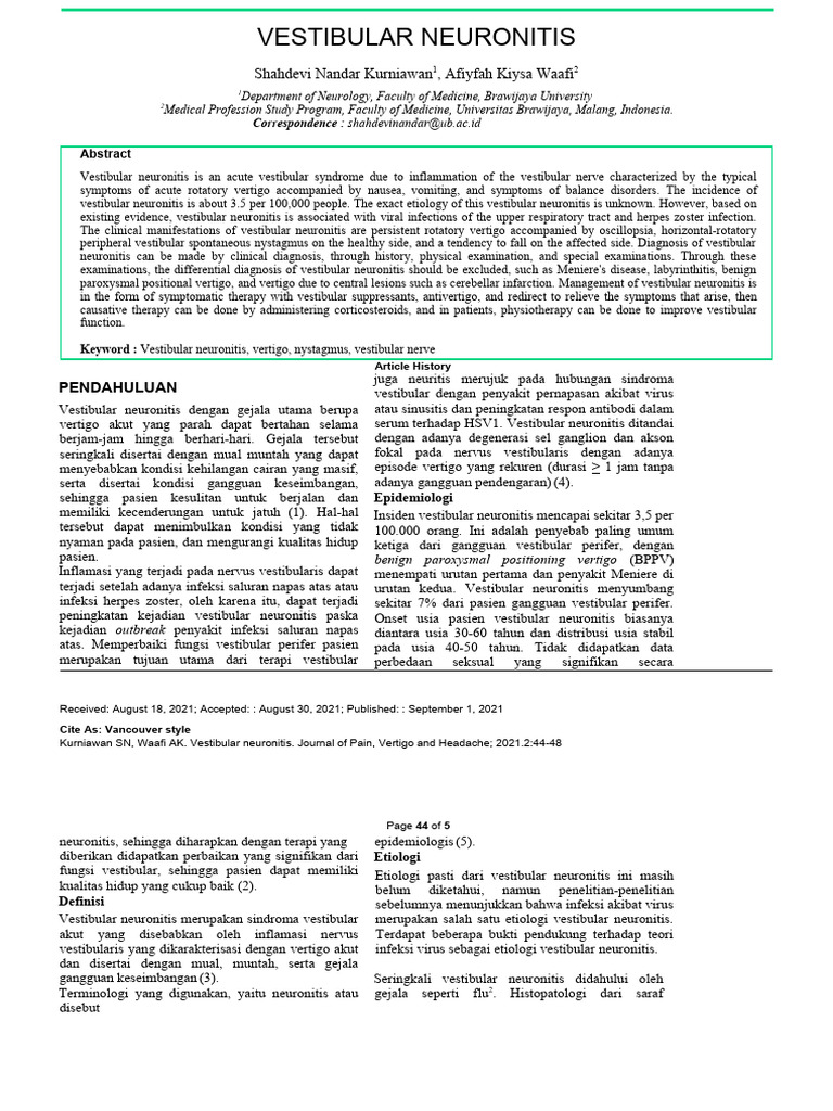 Vestibular Neuronitis Overview | PDF | Vertigo | Otology
