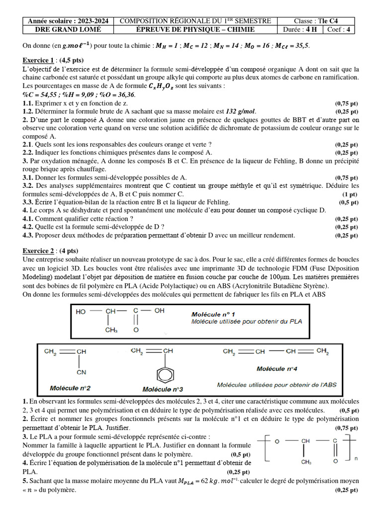 Sujet - PC - Tle C4 | PDF