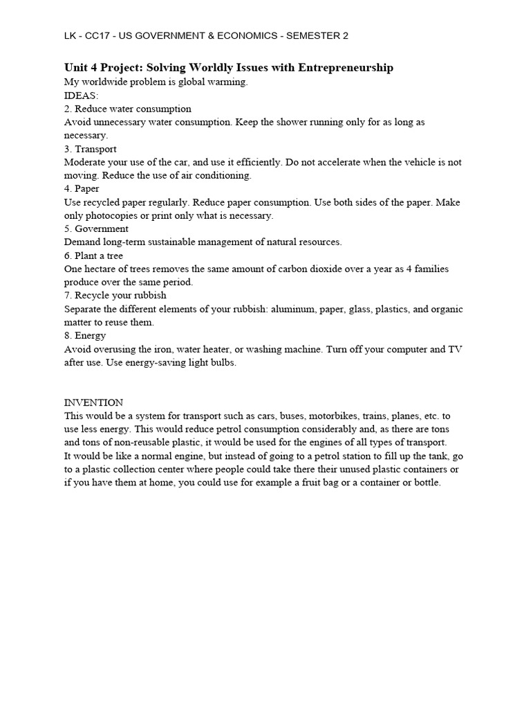 Unit 4 Project - Solving Worldly Issues With Entrepreneurship | PDF