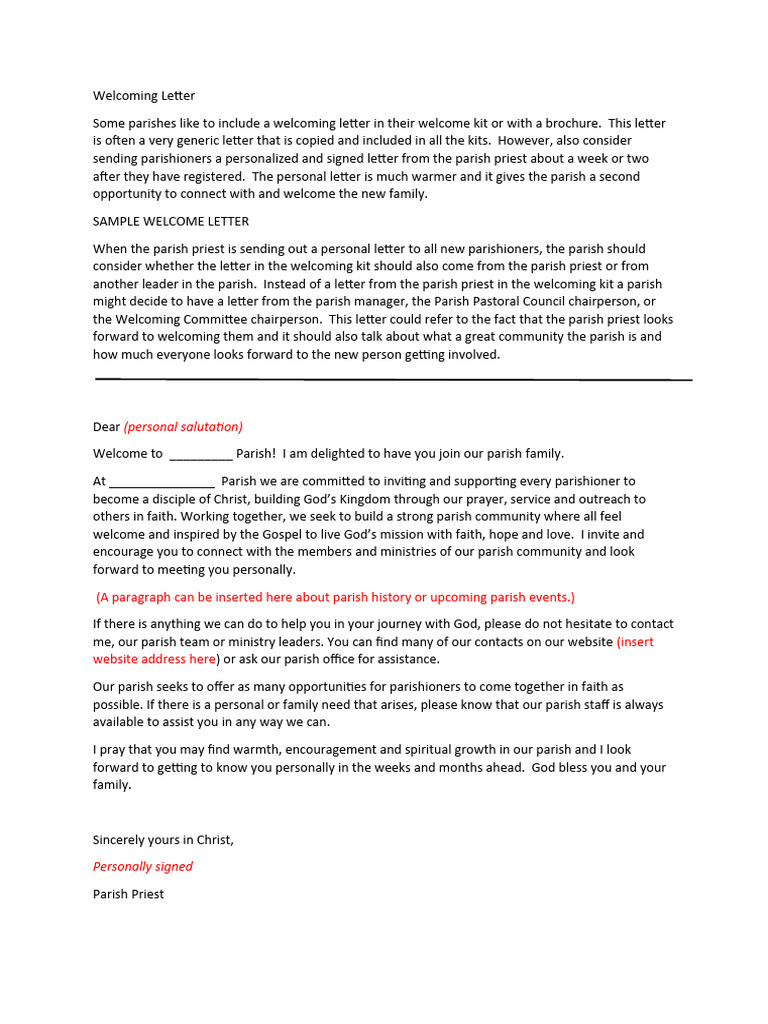 Welcome Letter for New Parishioners | PDF | Parish | Pastor