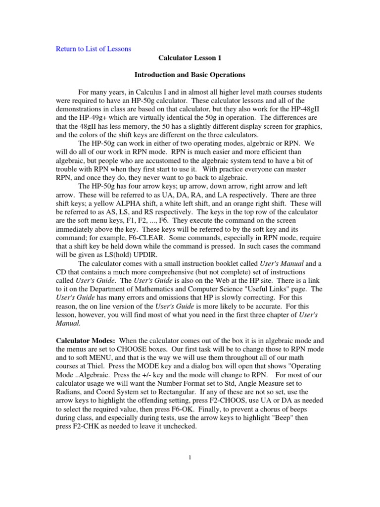 Calculator Lesson 1 Introduction and Basic Operations: Return To List of Lessons | PDF ...