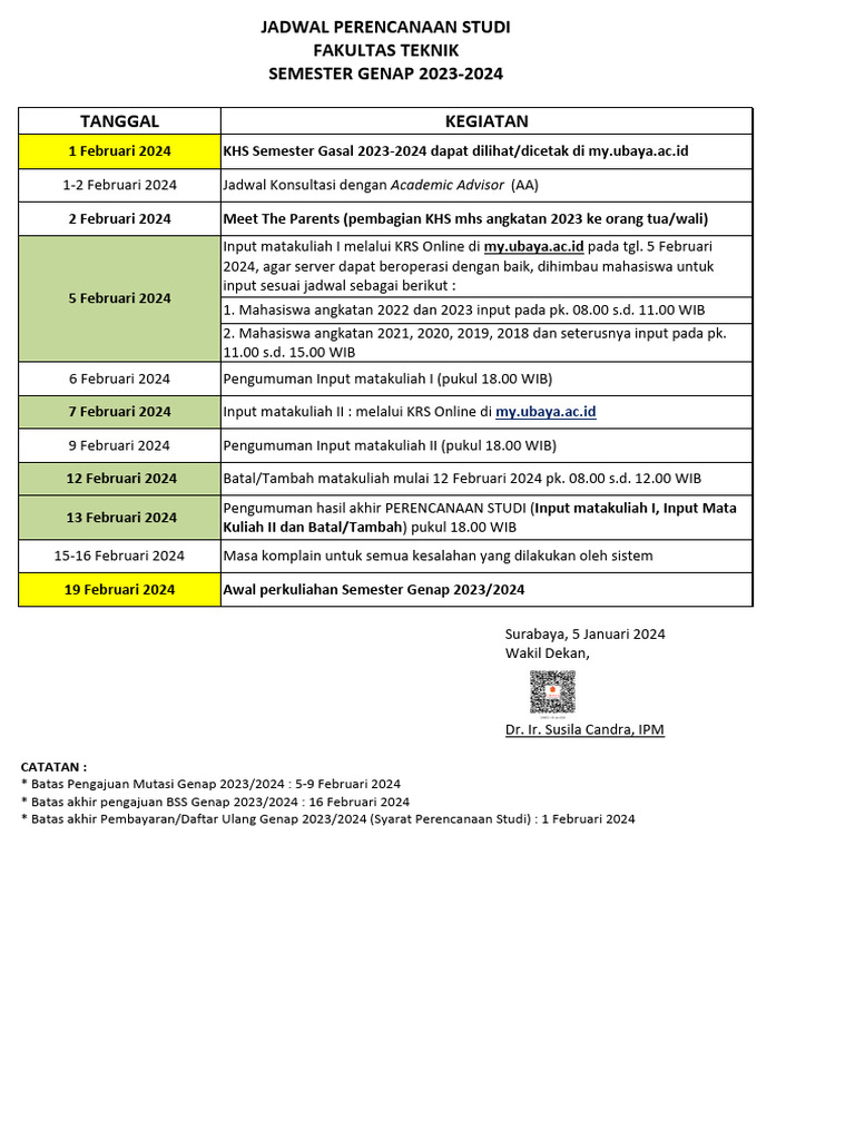 Jadwal Perencanaan Studi Dan Kalender Akademik GENAP 2023-2024 - New | PDF