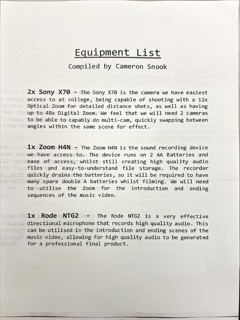 MV Equipment List | PDF
