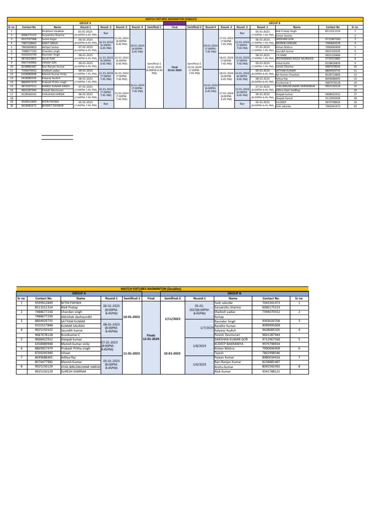 Badminton & TT Match Fixtures 2023-24 | PDF