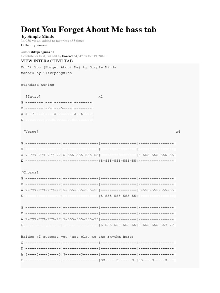 Dont You Forget About Me Bass Tab | PDF