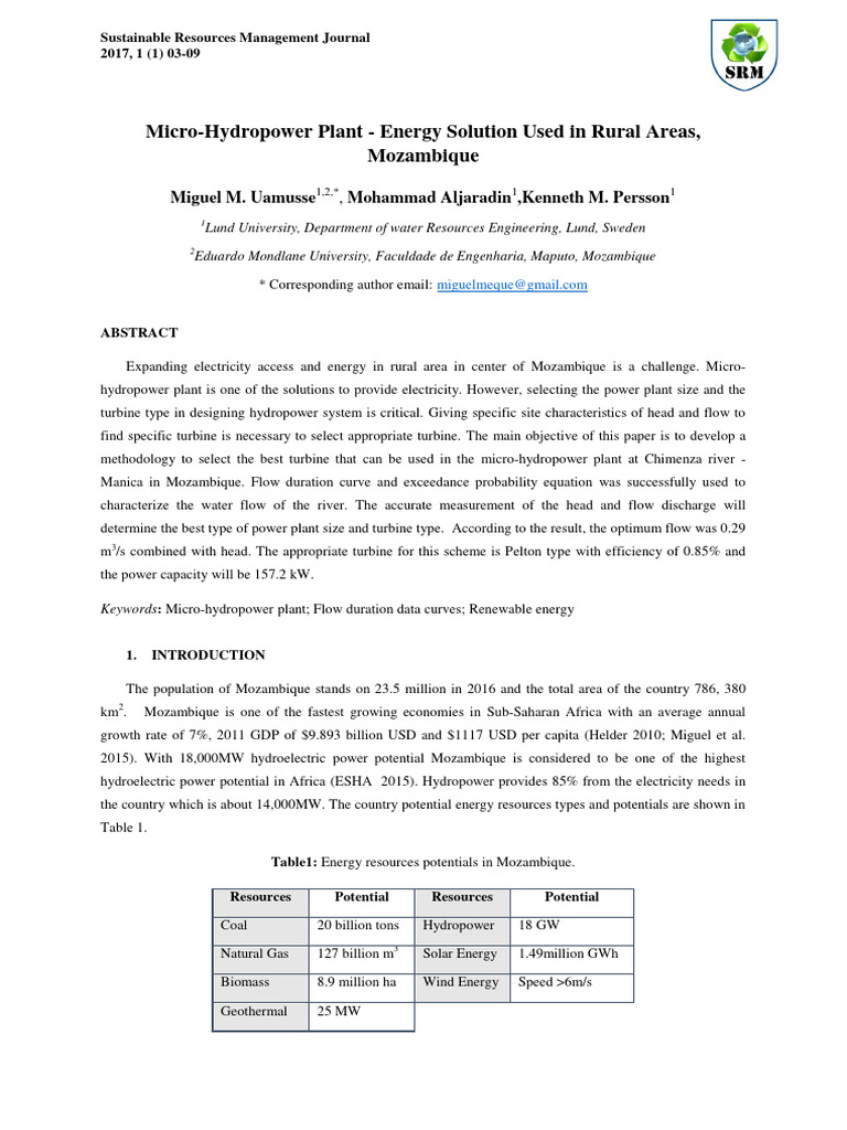 Miguel Meque Uamusse - Micro-Hydropower Plant - Energy Solution Used in Rural Areas, Mozambique ...