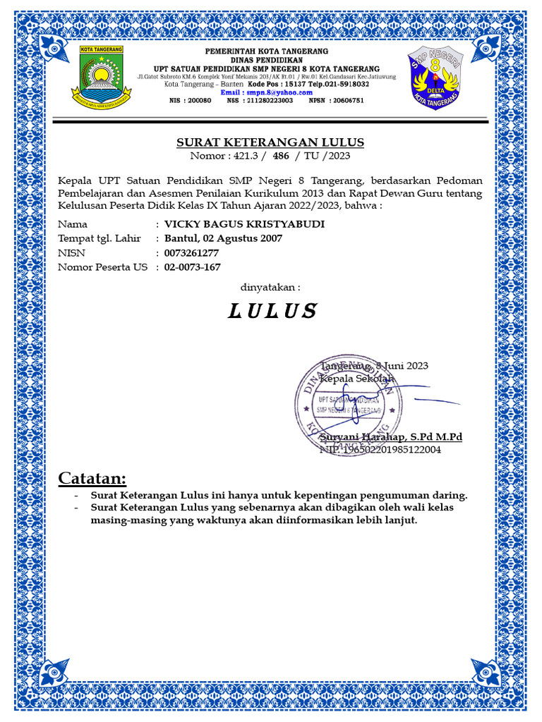 Surat Keterangan Lulus SMP 2023 | PDF