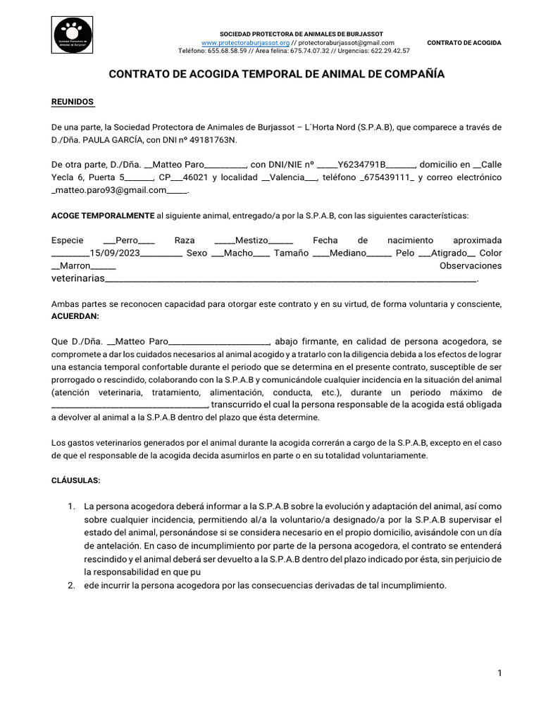 Contrato Acogida Temporal - Fdo Paula | PDF | Adopción