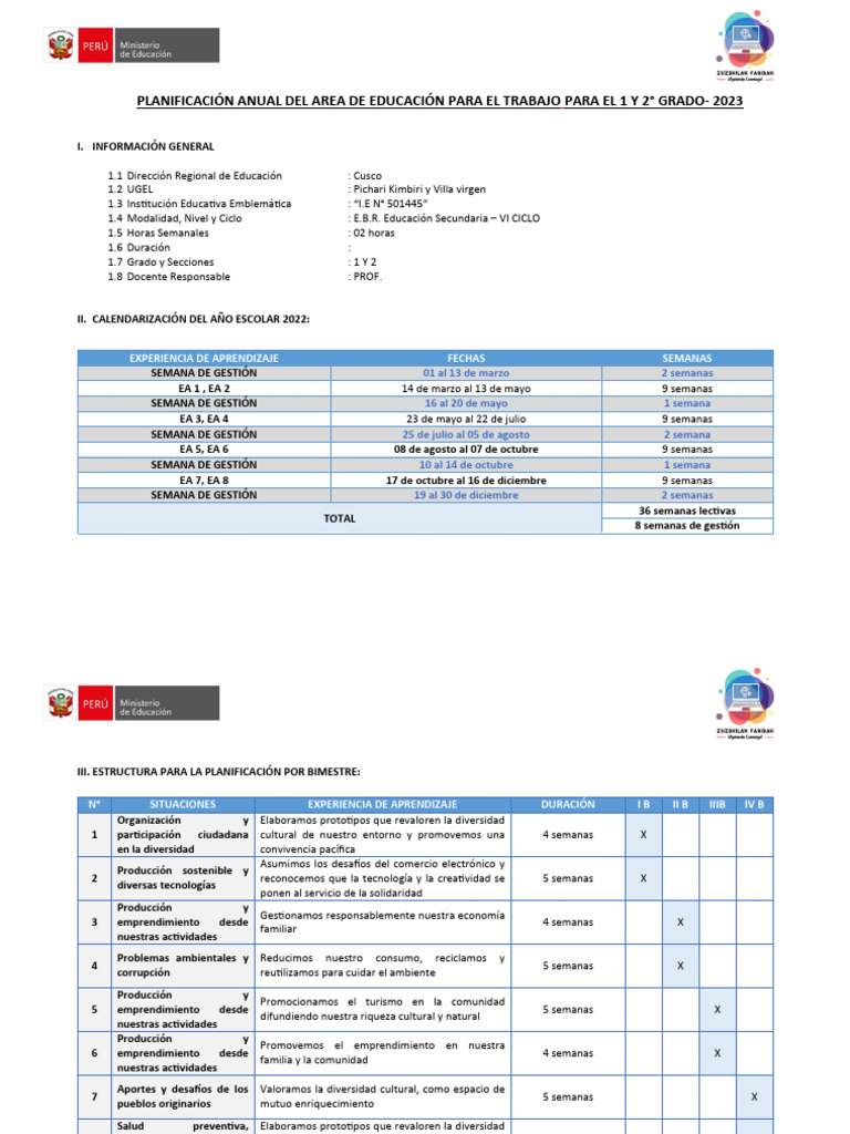 Planificación Anual EPT 1º y 2º Secundaria | PDF | Aprendizaje | Evaluación