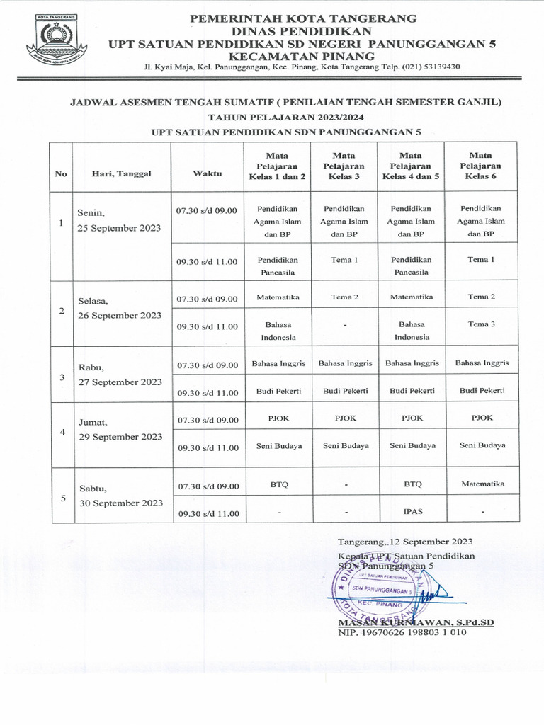 Jadwal PTS Tahun Ajaran 2023-2024 | PDF