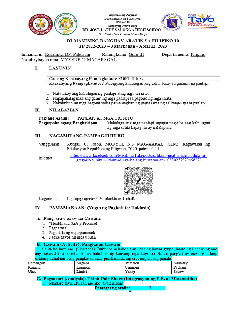 Panlapi Demo Detailed Lesson Plan in Filipino 3RD Quarter | PDF