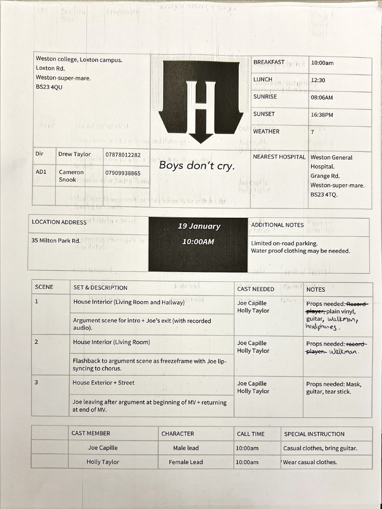 mv call sheets | PDF