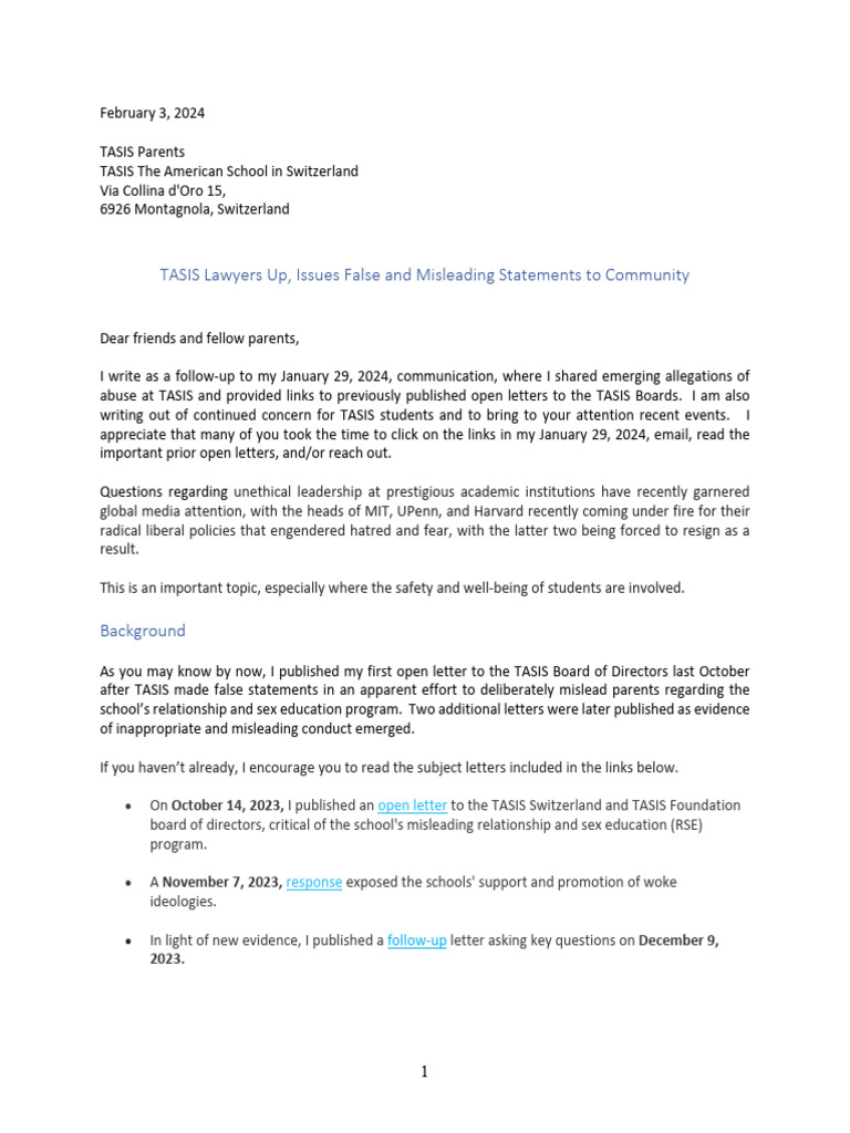 TASIS Lawyers Up, Issues False and Misleading Statements to Community | PDF | Whistleblower ...