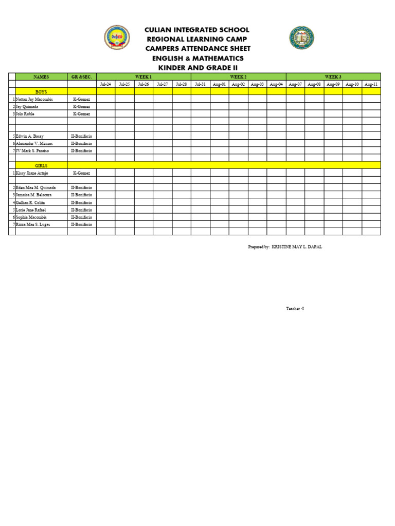 Campers Attendance Sheet | PDF