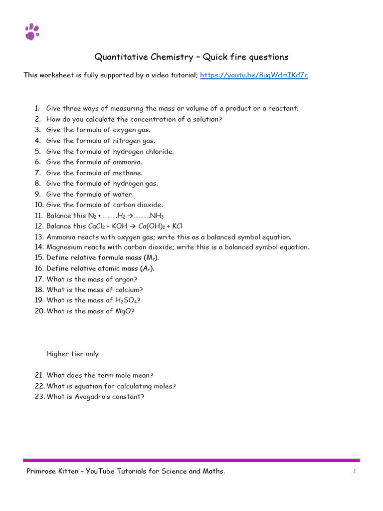QUANTITATIVE CHEMISTRY. AQA C1 Topic 3 Quick Fire Questions. GCSE 9 1 ... QUANTITATIVE CHEMISTRY. AQA C1 Topic 3 Quick Fire Questions. GCSE 9 1 ...