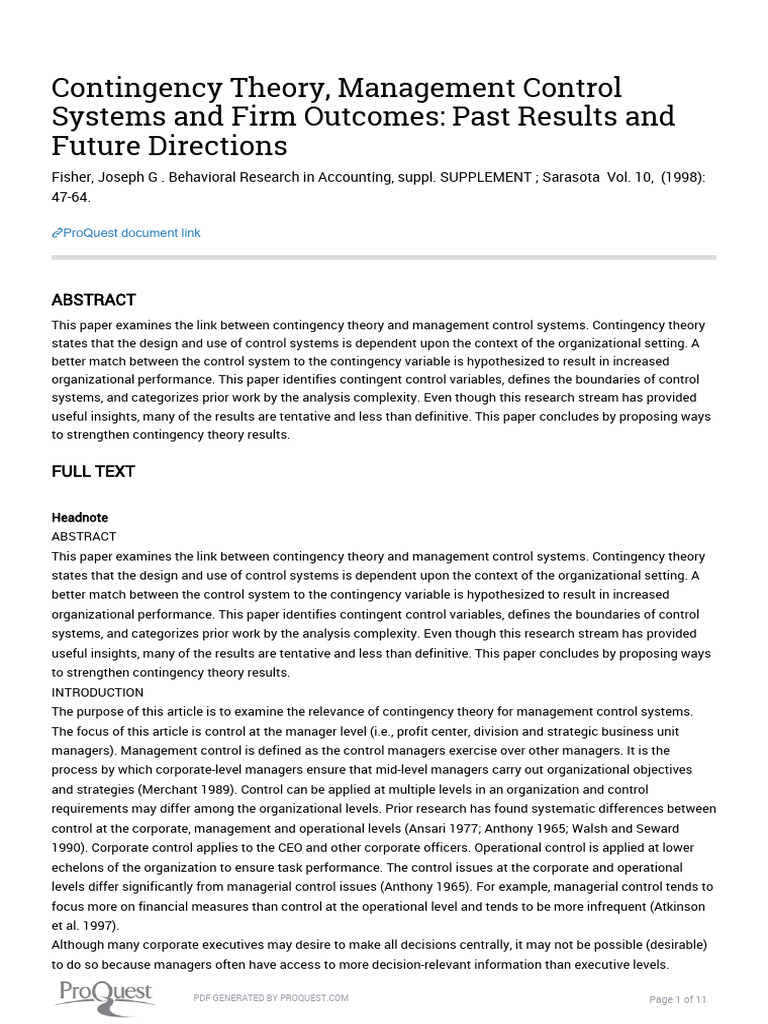 Contingency Theory, Management Control Systems and Firm Outcomes | PDF Contingency Theory, Management Control Systems and Firm Outcomes | PDF