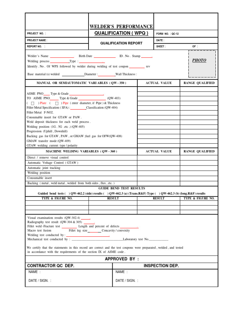 WELDER'S PERFORMANCEQUALIFICATION (WPQ )Form | PDF