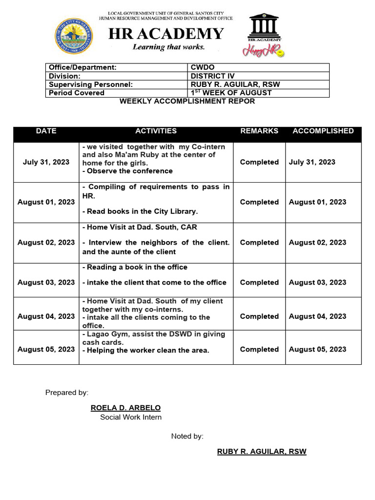Weekly Accomplisment Report | PDF