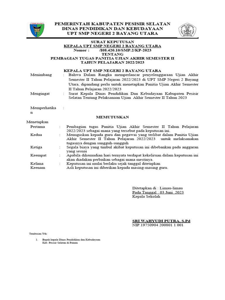 SK Paniti Ujian Sekolah 2022 Eka | PDF