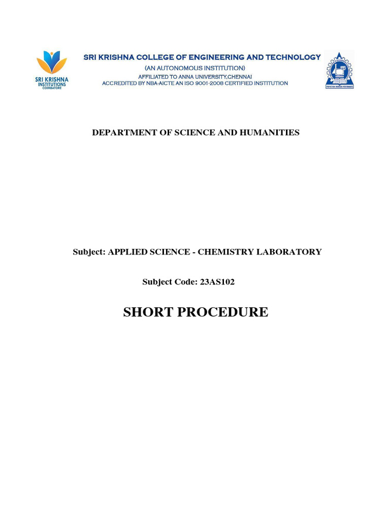 23AS102 - Chemistry Lab - Short Procedure | PDF