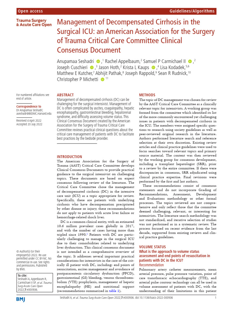 Management of Decompensated Cirrhosis in The Surgical ICU: An American ...