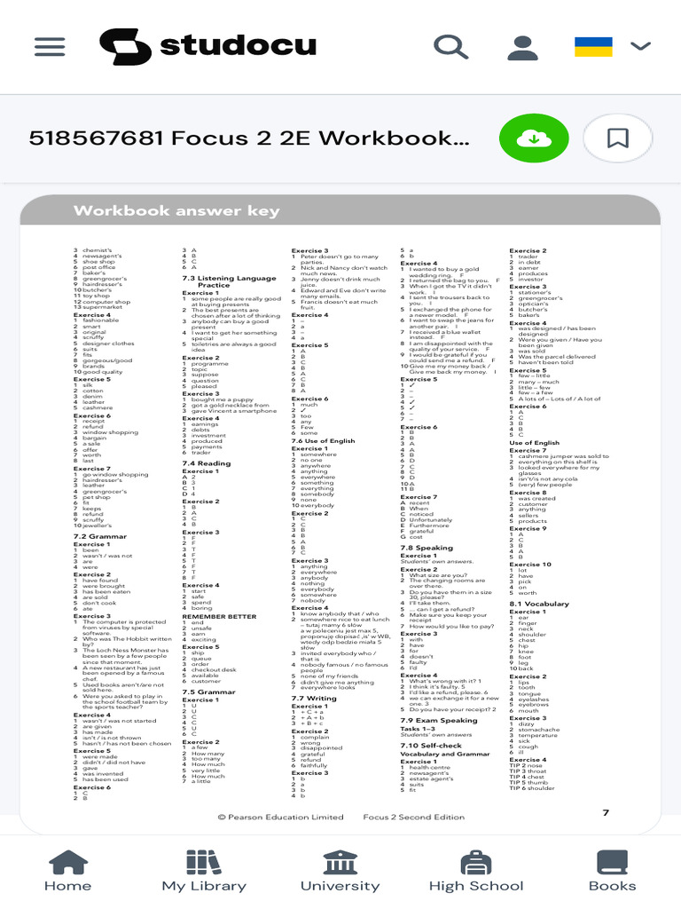 Focus 2 2E Workbook Answers - 1 Vocabulary Exercise 1 1 Unsociable 2 ...