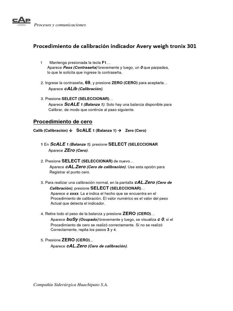 Procedimiento de Calibración Indicador Avery Weigh Tronix 301 | PDF