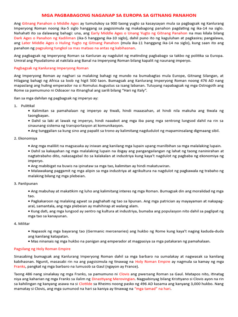 Mga Pagbabagong Naganap Sa Europa Sa Gitnang Panahon | PDF