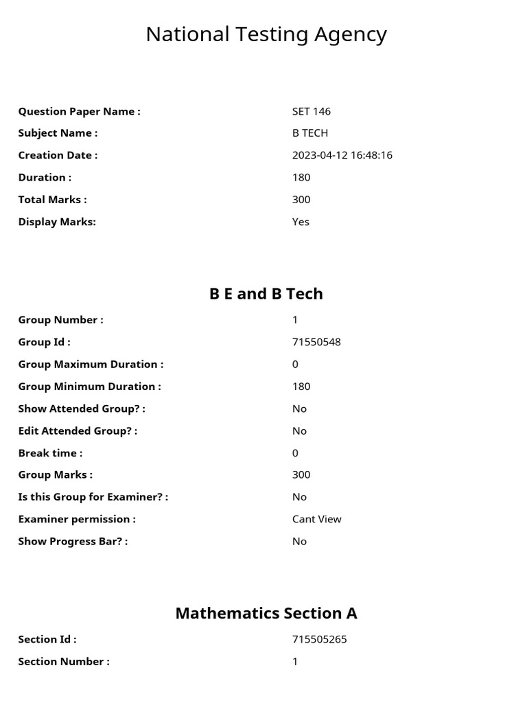 B Tech Exam Paper Overview | PDF | Multiple Choice | Question