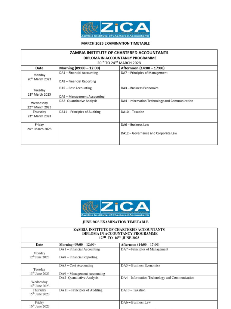 ZICA 2023 Exam Timetable Overview | PDF