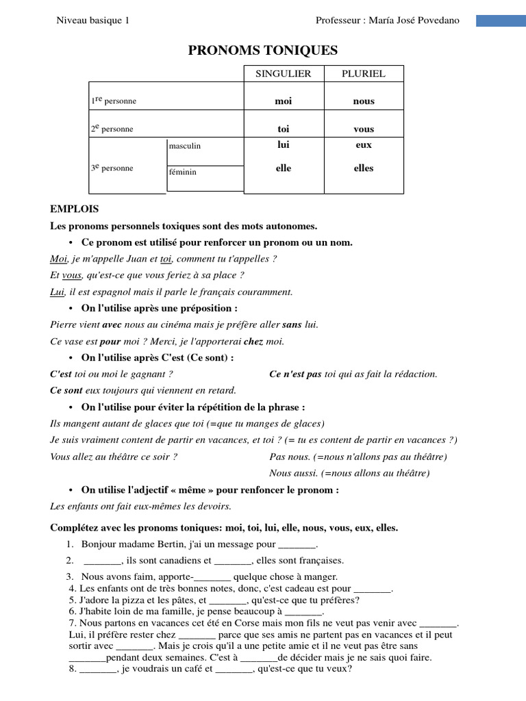 Exercices sur les pronoms toniques | PDF | Pronom | Mécanique du langage
