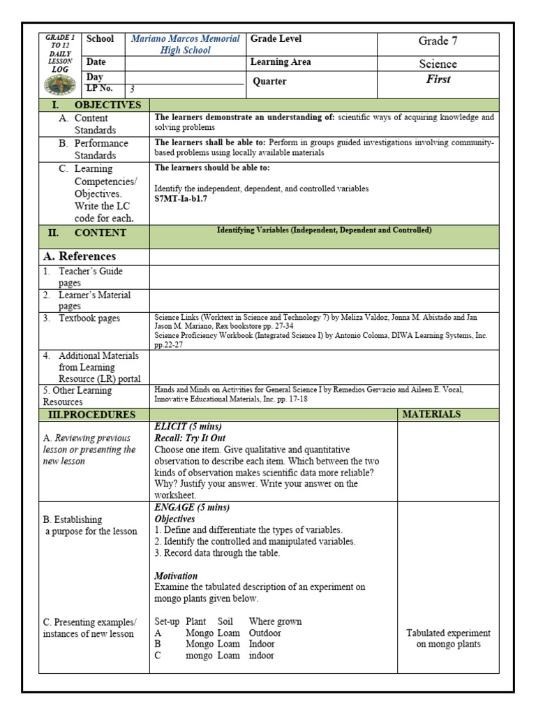 LP3 - Identifying Variables | PDF | Experiment | Dependent And ...