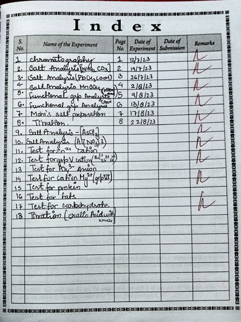 Chemistry Practical File Index Pdf