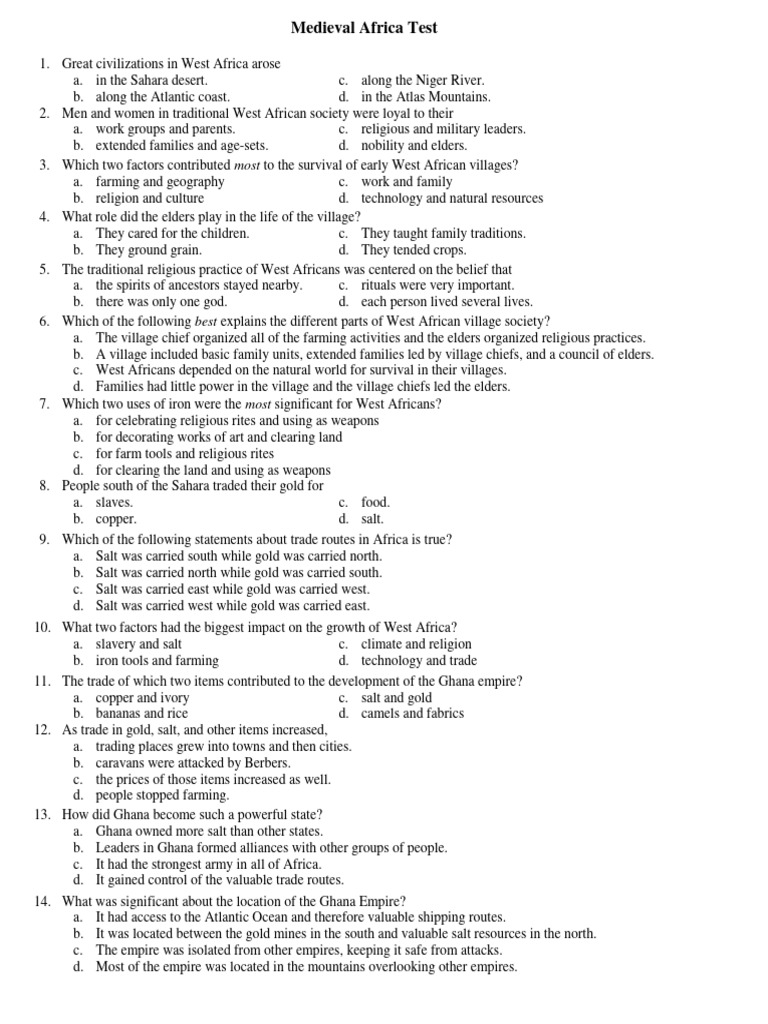 Medieval Africa Weaver Test | PDF | West Africa | Africa