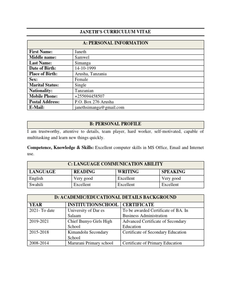 Janeth's CV | PDF | Tanzania