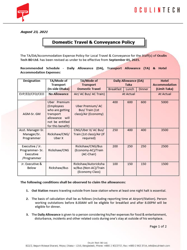 Domestic Travel Policy | PDF