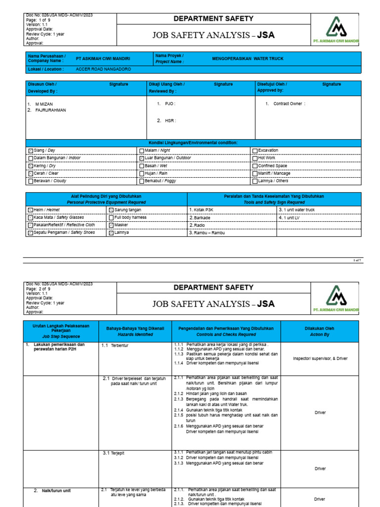 Jsa Pengoperasian Water Truck | PDF