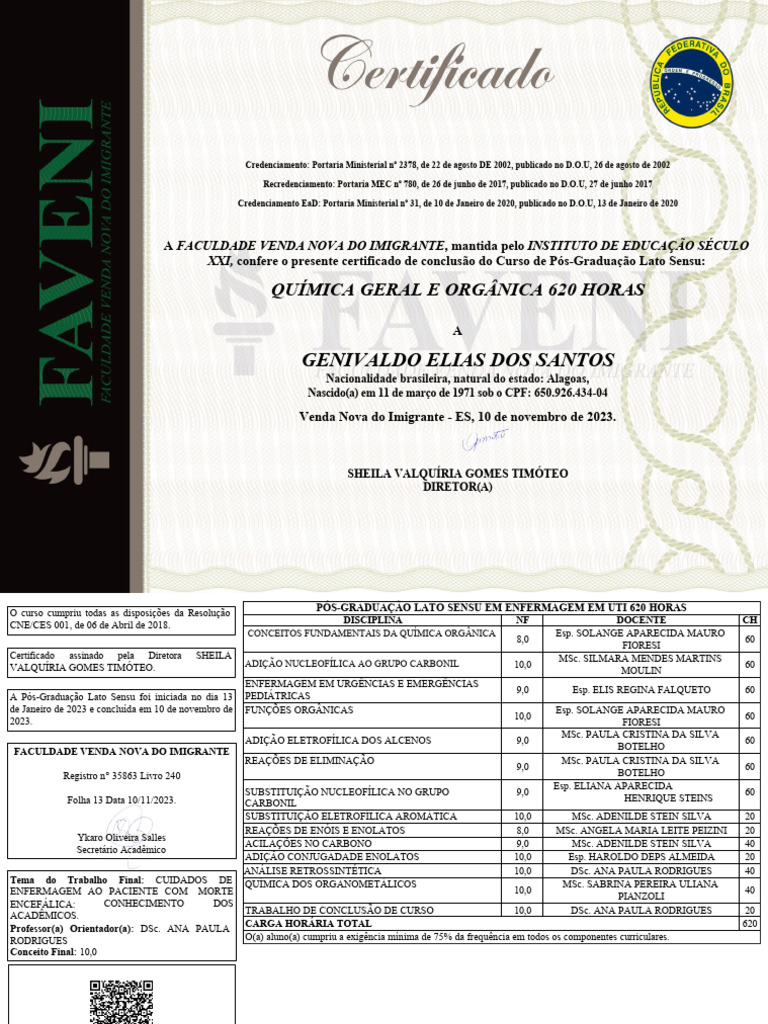 Certificado de Pós-Graduação Quimica Geral e Organica Genivaldo Faveni ...